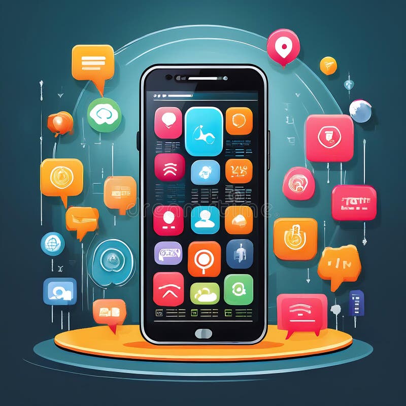 Smartphone Displays Numerous App Icons and Communication Bubbles ...