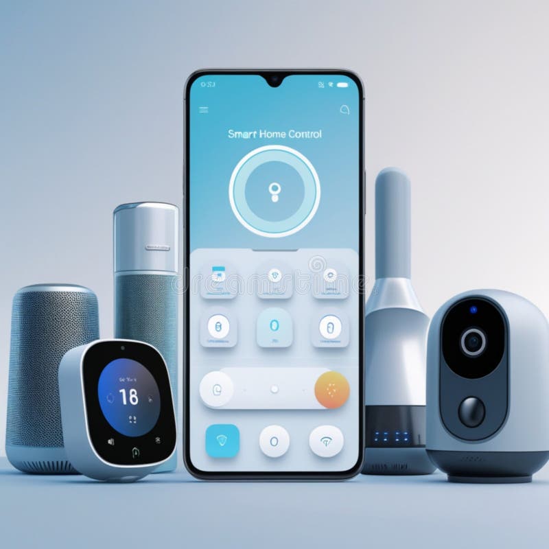 A Smartphone Displays a Smart Home Control App, Surrounded by Various Smart Home Devices Stock ...