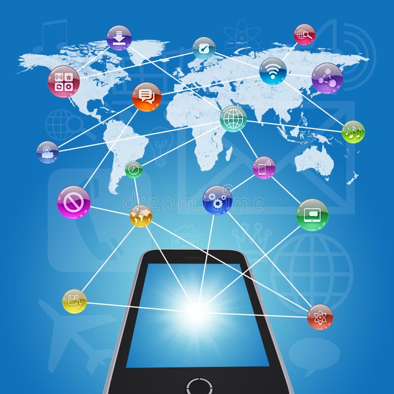 Smartphone, Earth Map and Application Icons Stock Illustration ...