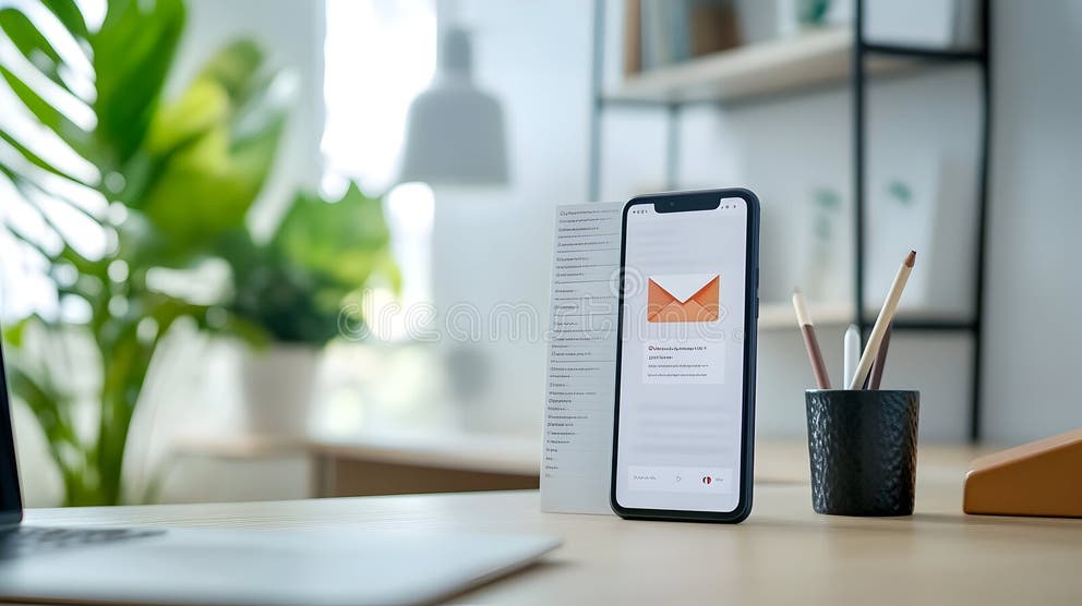 Smartphone with Email Notification on Modern Office Desk Stock Photo ...