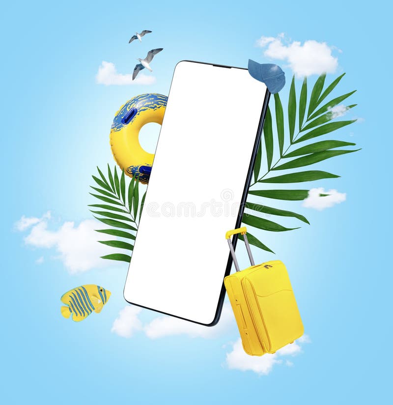 Smartphone with Empty Screen Flying in Clouds with Summer Holiday ...