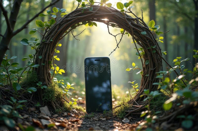 Smartphone in Enchanted Forest Under Natural Vine Arch with Sunlight ...