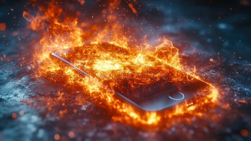 A Smartphone Engulfed in Intense Flames, Glowing with Orange and Yellow ...