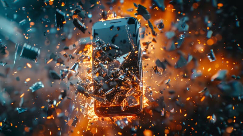 Smartphone Exploding in a Cloud of Sparks and Debris Against a Dark ...