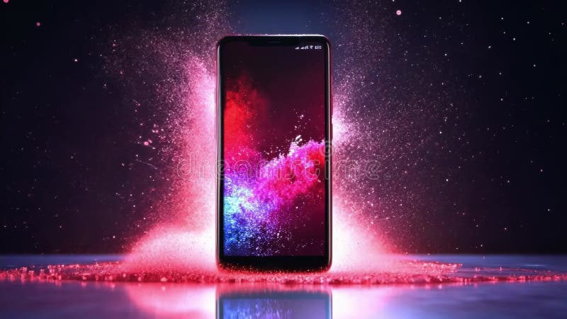 Smartphone Exploding with Pink and Purple Particles on Dark Background ...