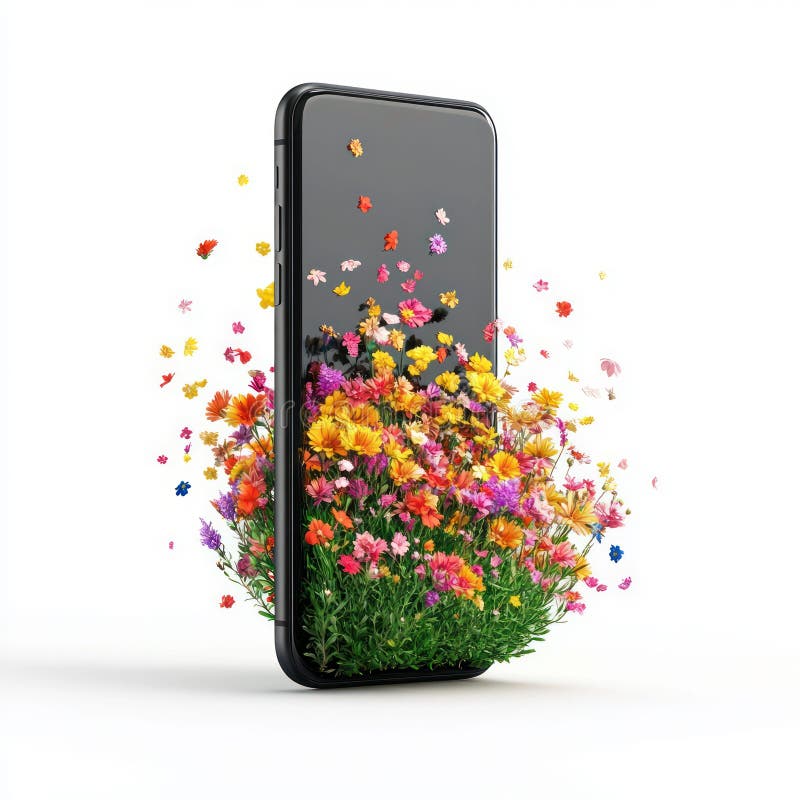 Smartphone Exploding into Vibrant Flowers on White Background Stock ...