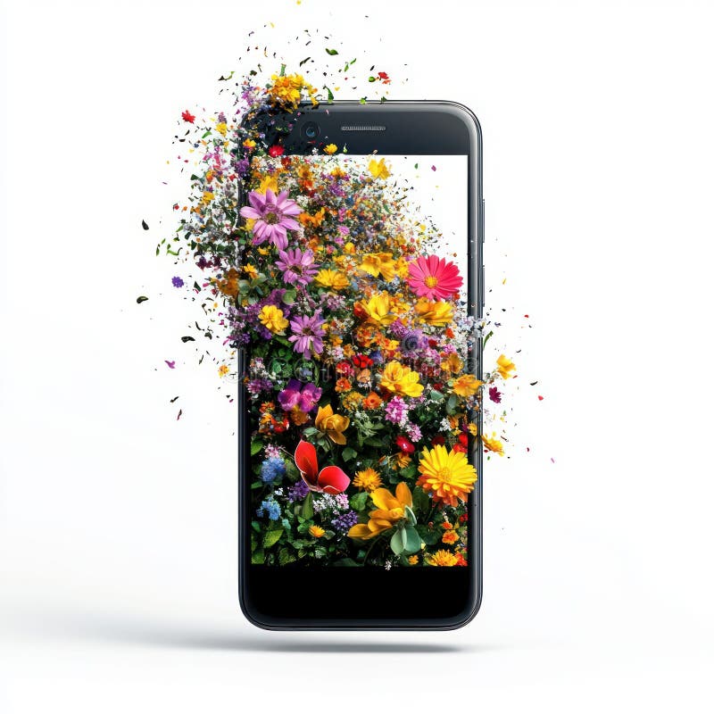 Smartphone Exploding into Vibrant Flowers on White Background Stock ...