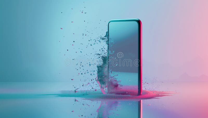 A Smartphone is Falling and Breaking into Pieces, with a Pink and Blue ...