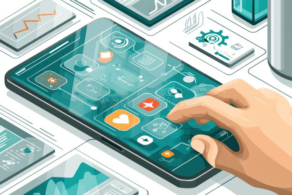 Stylized App Interface on Smartphone with User Interacting in Modern ...