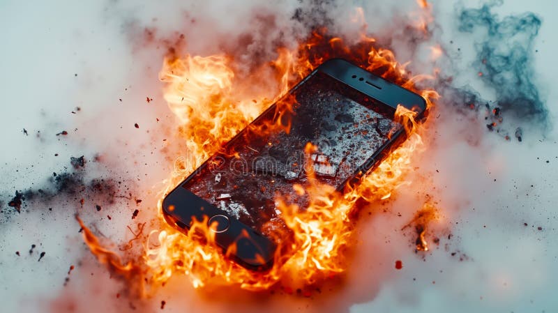 A Burning Cell Phone on Fire on a White Surface Stock Image - Image of ...