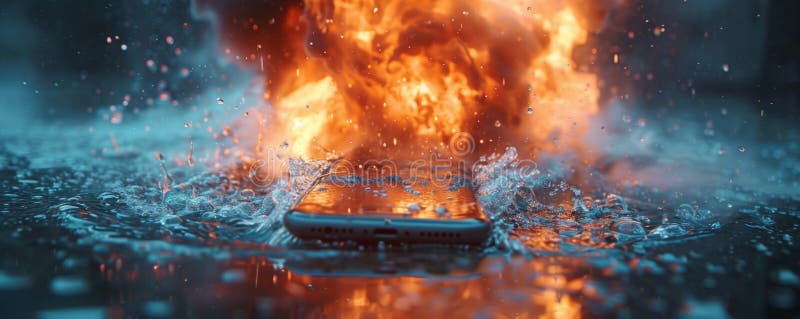 Smartphone with Flames and Splashing Water Stock Photo - Image of ...