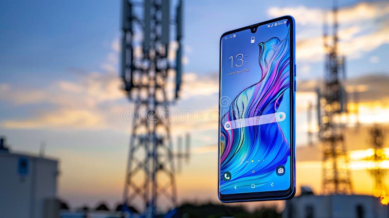 Smartphone Floating with Blue Screen, Cell Tower Silhouette in Blurred ...