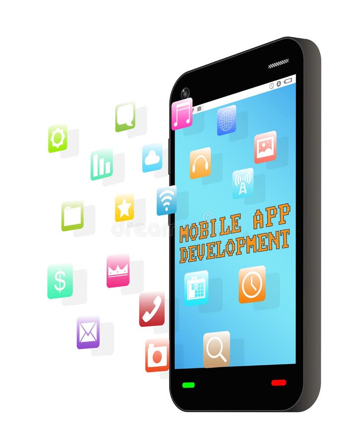 Smartphone with Floating Icon and Mobile App Development Screen Stock ...