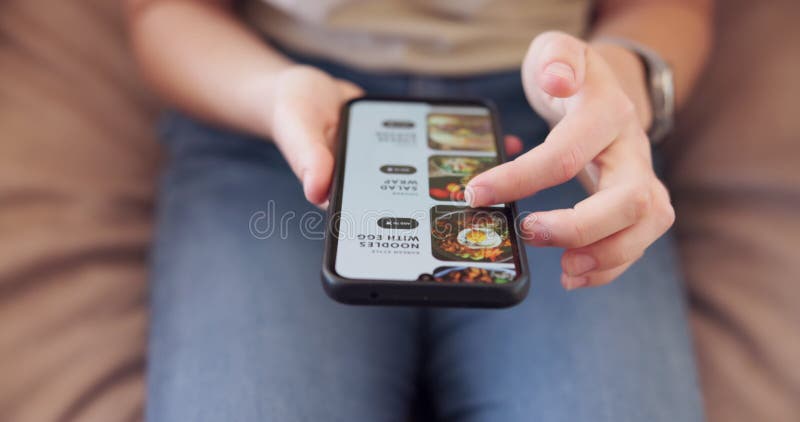 Smartphone, Food Delivery and Hand Scroll Take Out Menu in Home for E ...