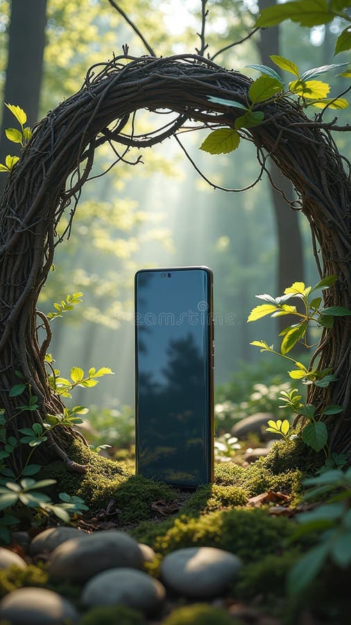 Smartphone in Forest with Natural Vine and Leaf Archway Capturing ...