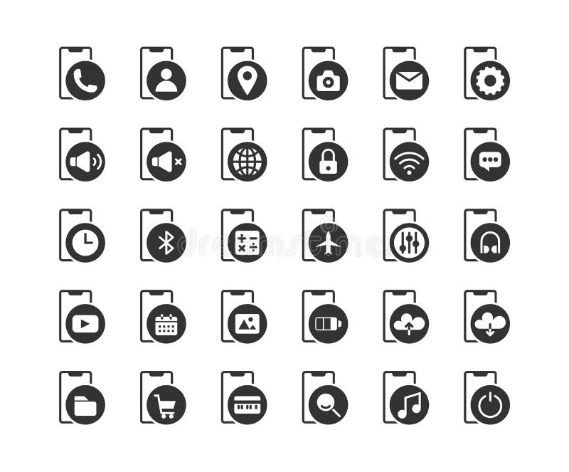 Smartphone Functions and Apps Solid Icon Set. Stock Vector ...