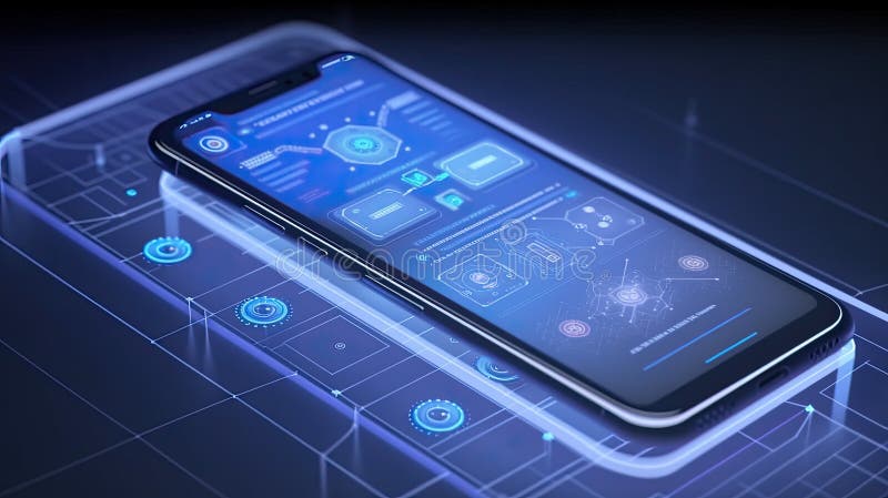 Smartphone with Futuristic User Interface on Dark Blue Background ...