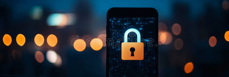 Smartphone with a Glowing Digital Lock Icon Against a City Nightscape ...