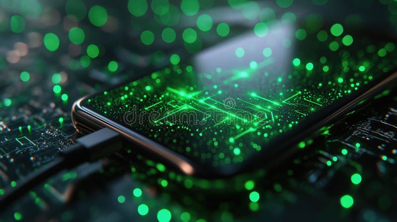 Smartphone with Glowing Green Circuitry and Futuristic Digital ...