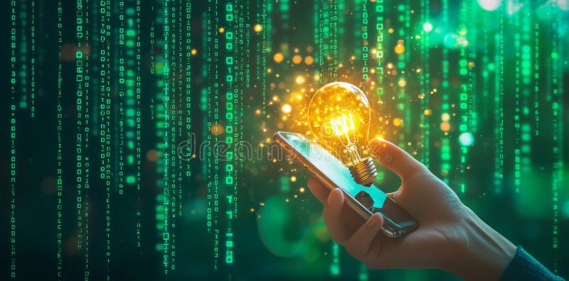 Smartphone with a Glowing Green Digital Lightbulb on Dark Matrix Background, Symbolizing ...