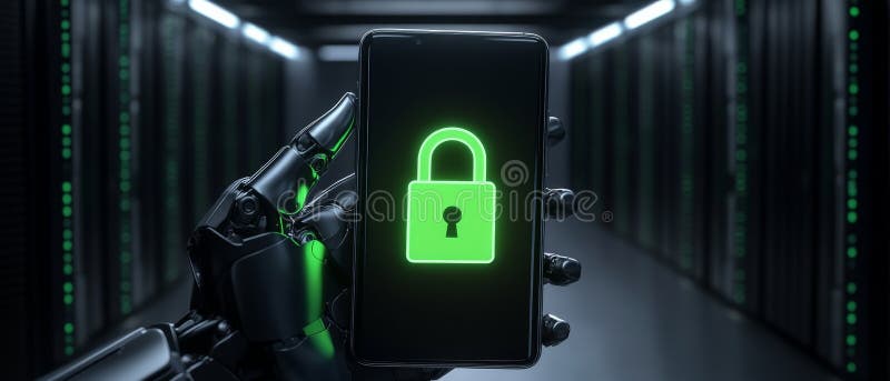 Smartphone with a Glowing Green Padlock Icon Inside a Server Room ...