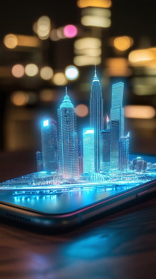 A Smartphone with a Glowing Screen Projecting an Augmented Reality City ...