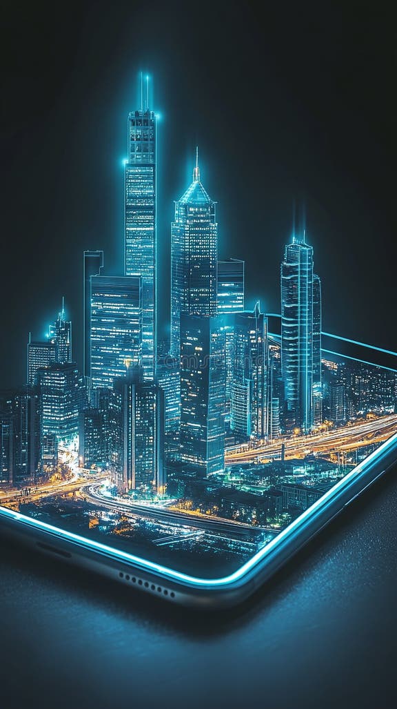 A Smartphone with a Glowing Screen Projecting an Augmented Reality City ...