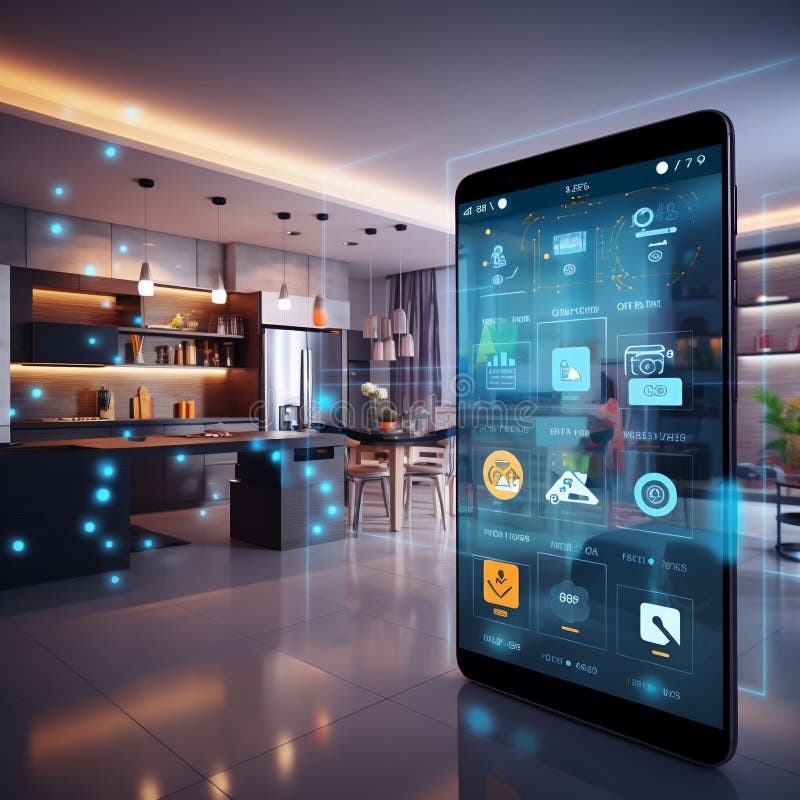 Smartphone with Glowing Screen and Smart Home App Icons. Smart ...