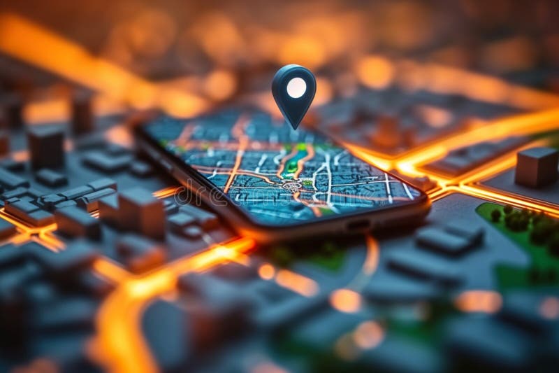 Smartphone GPS Icon on Traffic Road Map, Generative AI Concept Stock ...