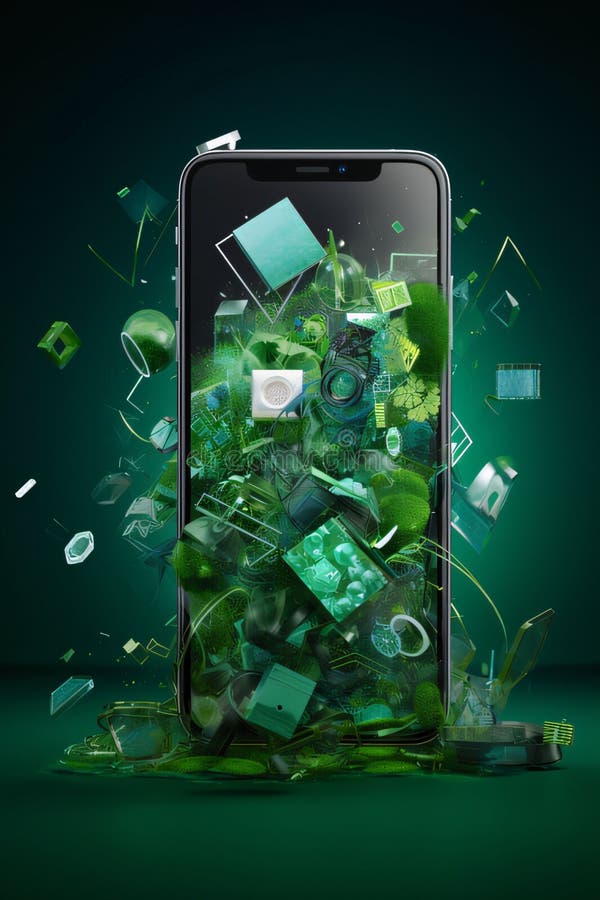 Smartphone with Green Application Icons Flying Out of it. 3D Rendering ...