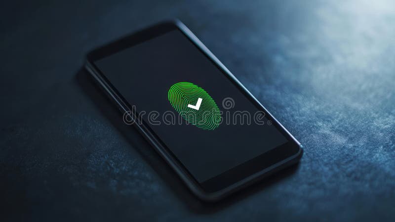 Smartphone with Green Fingerprint Authentication on Dark Surface. 2fa ...
