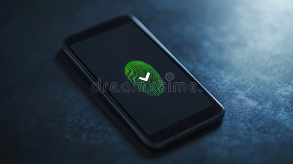 Smartphone with Green Fingerprint Authentication on Dark Surface. 2fa ...