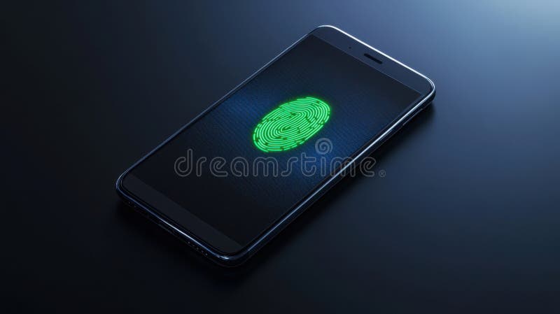 Smartphone with Green Fingerprint Scanner on Dark Surface. 2fa ...