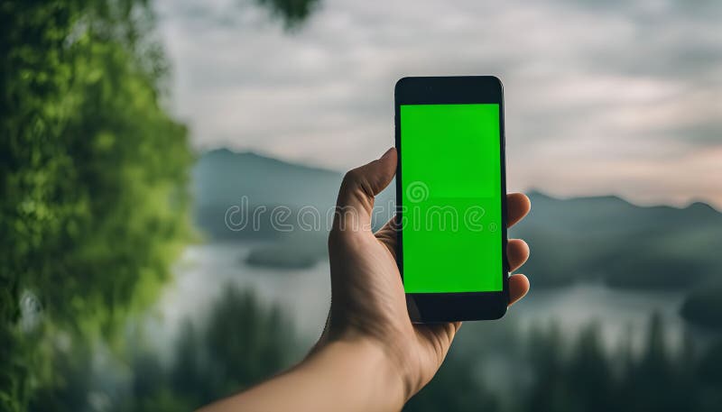 Smartphone with Green Screen Against Misty Mountain Landscape Stock ...