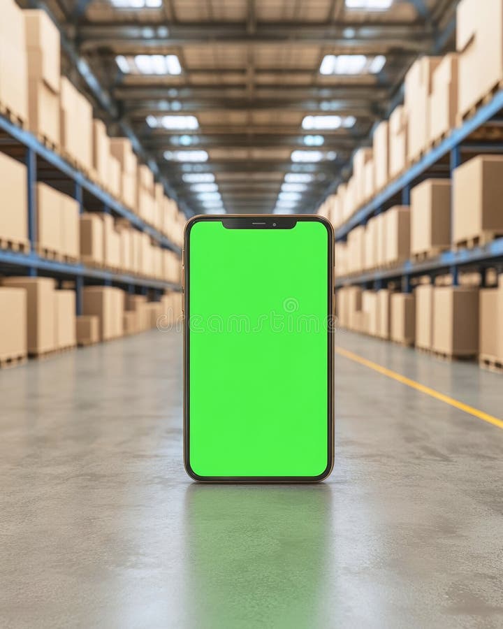 Smartphone with Green Screen Displayed in a Modern Warehouse Full of ...