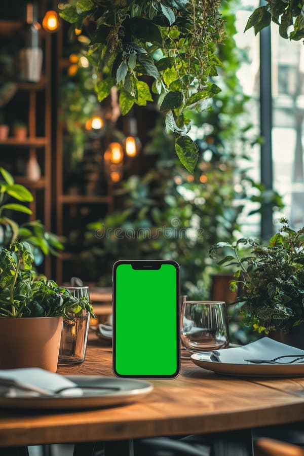 Smartphone with Green Screen Displaying Restaurant Menu in Lush Green ...