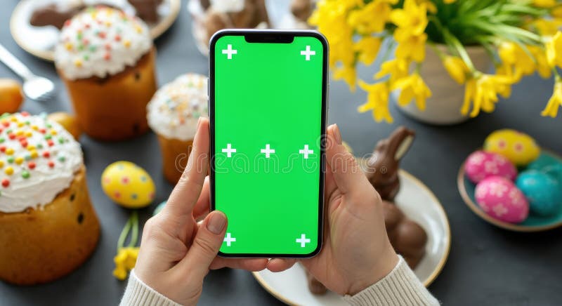 Smartphone with Green Screen for Easter Celebration Featuring Decorated ...