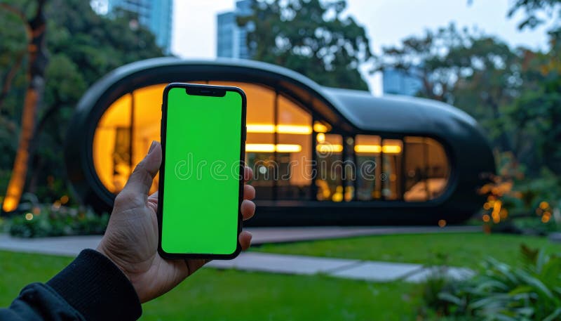Smartphone with Green Screen Held in Front of Modern Illuminated Smart ...