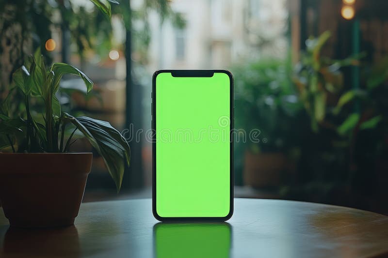 Smartphone with Green Screen on Table in Indoor Natural Setting Stock ...
