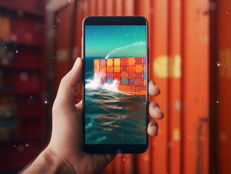 Smartphone in Hand with Container Cargo Freight Ship in the Background ...