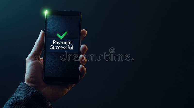 Smartphone in Hand Displaying Payment Successful with Green Checkmark ...