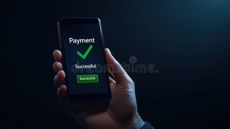 Smartphone in Hand Displaying Payment Successful with Green Checkmark ...