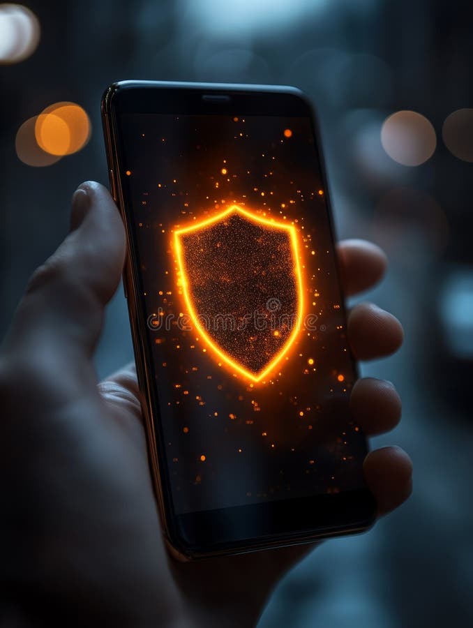 Smartphone in Hand with Glowing Shield Icon for Cybersecurity. Stock ...