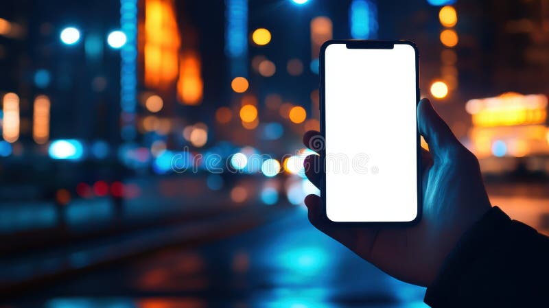 Smartphone in Hand at Night: Mockup on a Bokeh Background Stock Photo ...