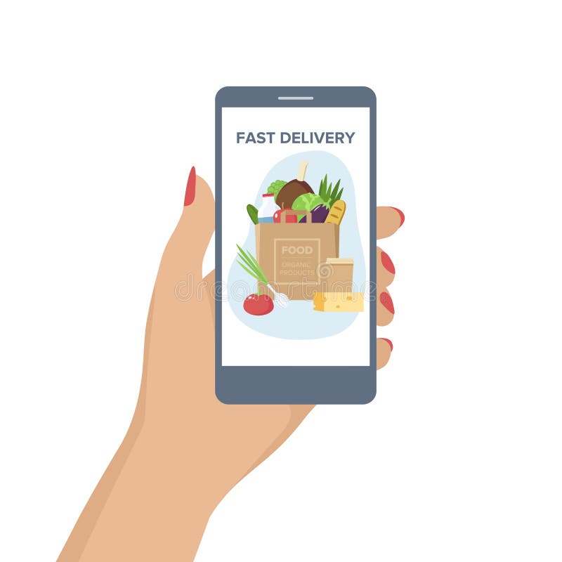Smartphone in Hand with Package of Food. Fast Delivery. Flat Vector ...