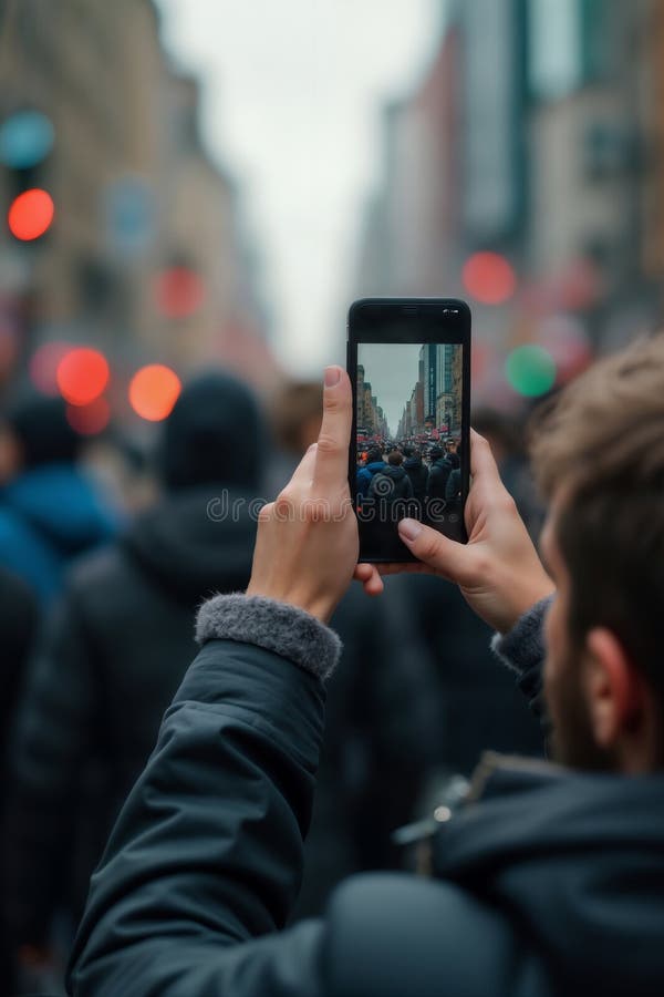 Smartphone in Hands, Man Using Smartphone on Busy City Street of ...