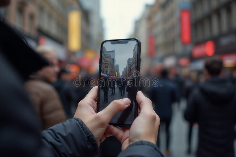 Smartphone in Hands, Man Using Smartphone on Busy City Street of ...