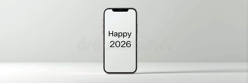 Smartphone with Happy 2026 Message on Screen Standing on White Surface ...