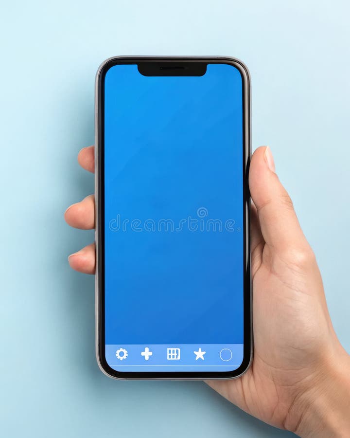 Smartphone Held in Hand Displays Blank Blue Screen, Ideal for ...