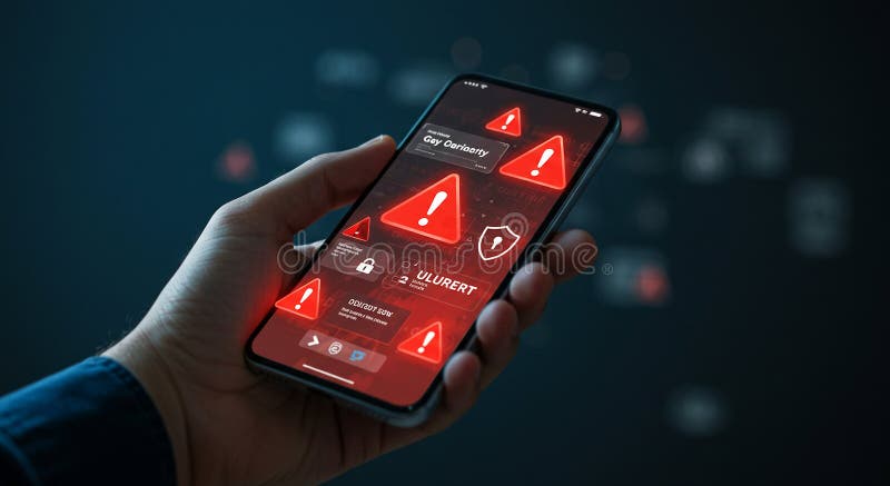 A Smartphone Held in a Left Hand Displays Multiple Red Warning Icons ...